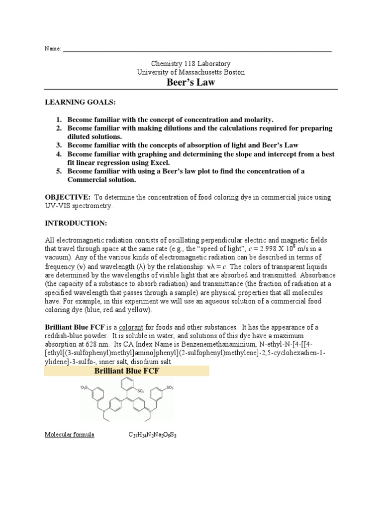 Lab 4 Beers Law | PDF | Absorbance | Molar Concentration