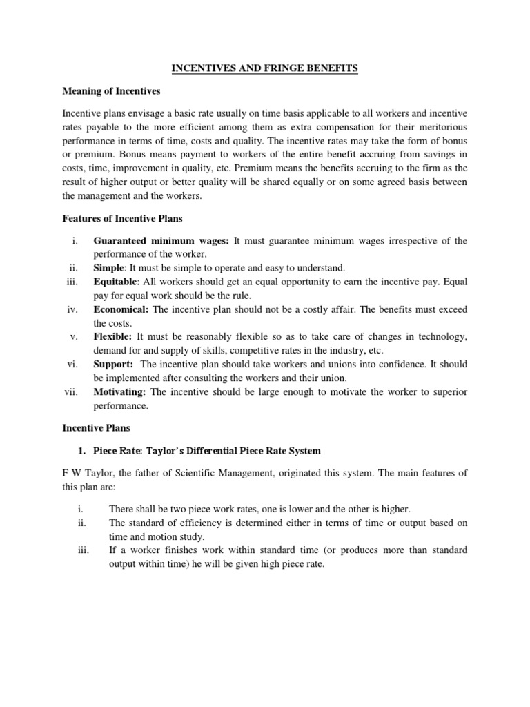Incentives and Fringe Benefits | PDF | Piece Work | Incentive