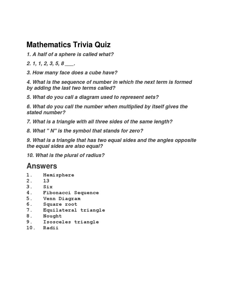 Mathematics Trivia Quiz: Answers | PDF