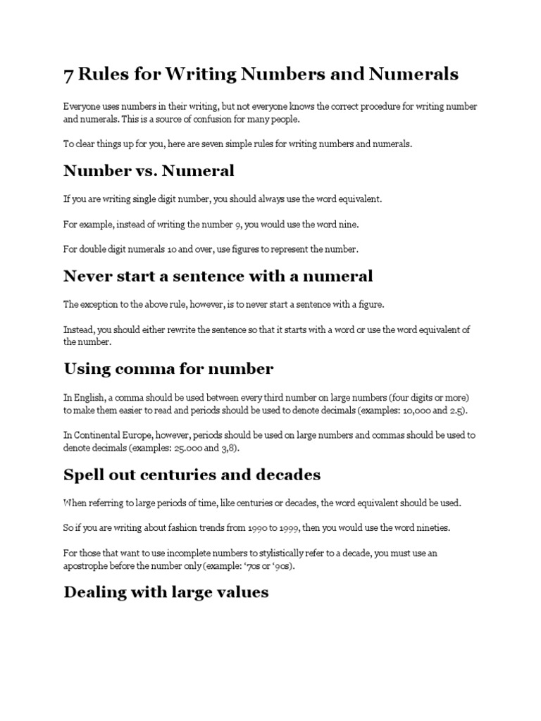 7 Rules For Writing Numbers and Numerals | PDF | Word | Comma