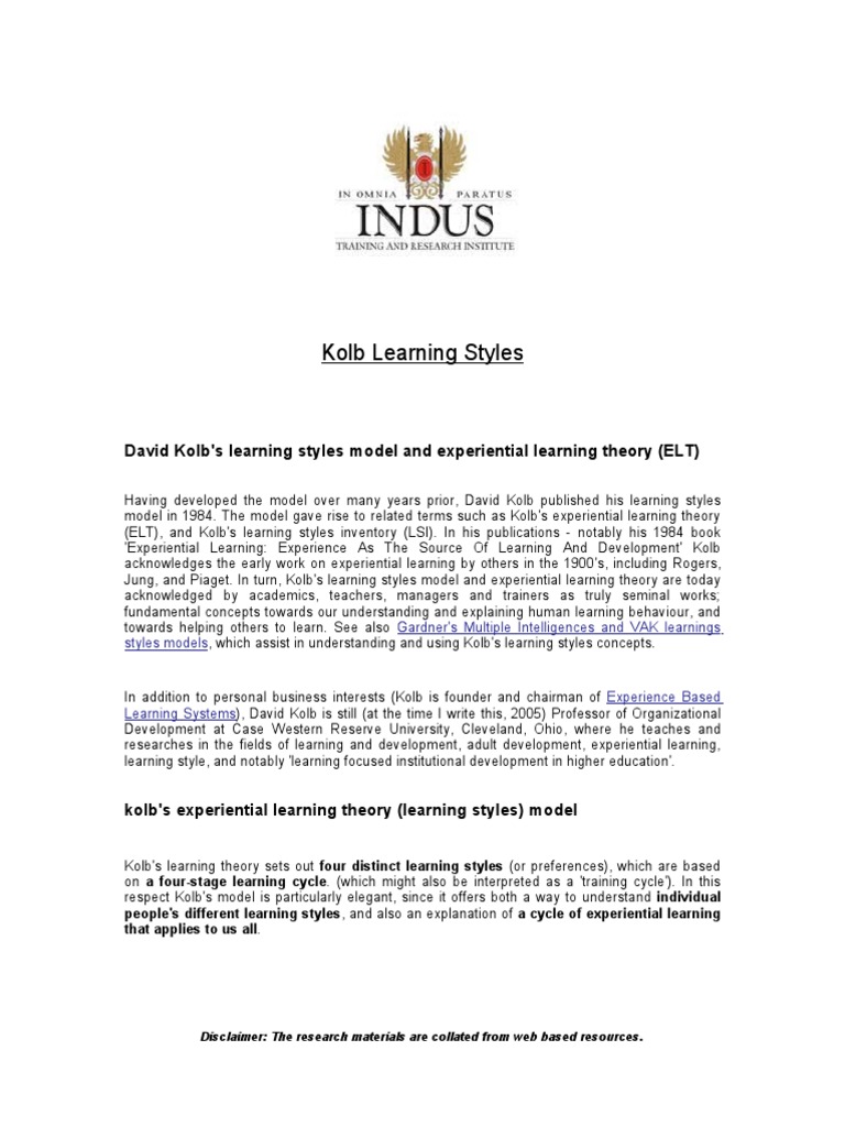 Kolb Learning Styles | PDF | Learning Styles | Thought