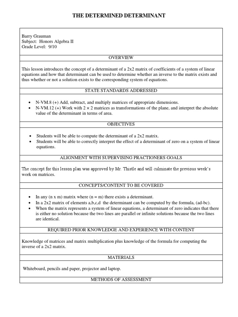 Determinant Lesson Plan | PDF | Determinant | Matrix (Mathematics)