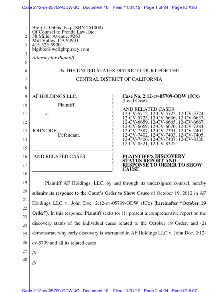 Plaintiffs Discovery Status Report and Response To Order To Show Cause ...