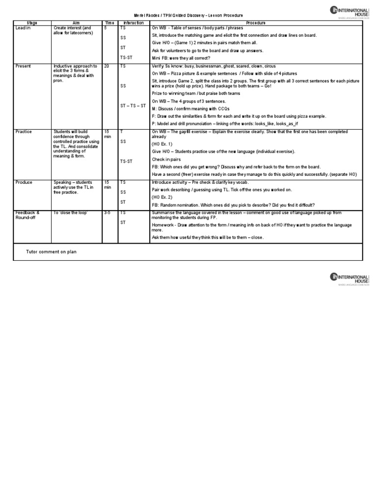 CELTA TP 9 Lesson Planning Procedure Sheet | PDF