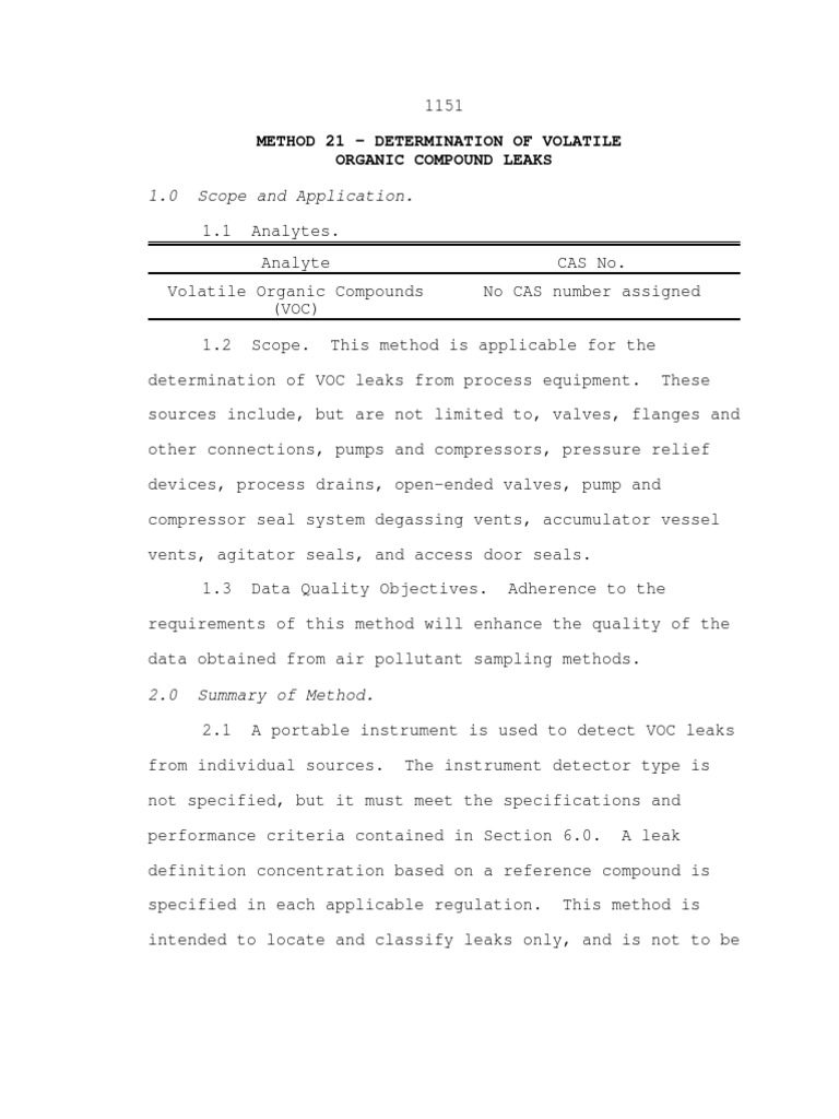 EPA Method 21-DETERMINATION OF VOLATILE ORGANIC COMPOUND LEAKS | PDF ...