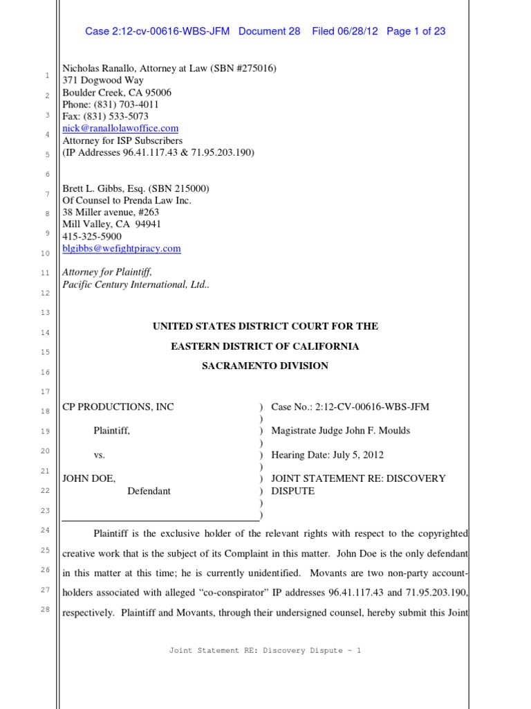 Join Statement, Discovery Dispute CP Productions | Download Free PDF ...
