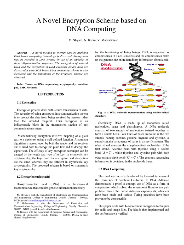A Novel Encryption Scheme Based On DNA Computing: M. Shyam, N. Kiran, V. Maheswaran | PDF ...