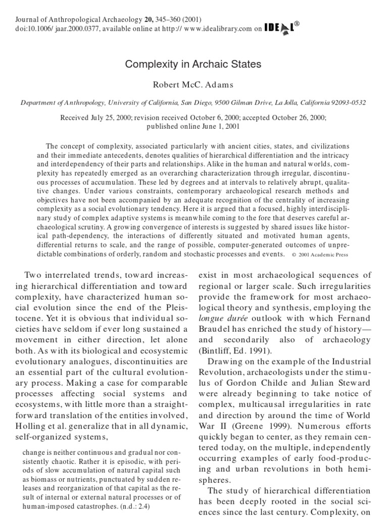 Adams (2001) Complexity in Archaic States | PDF | Archaeology | Emergence
