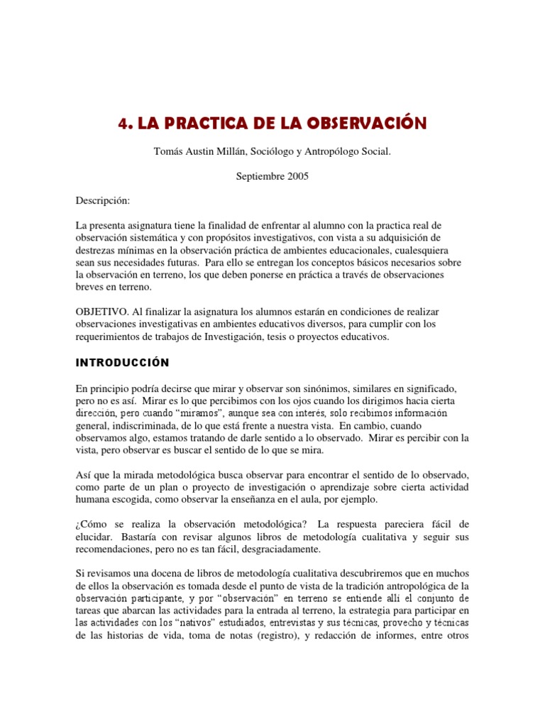 LA PRACTICA DE LA OBSERVACIÓN | PDF | Comportamiento | Investigación ...