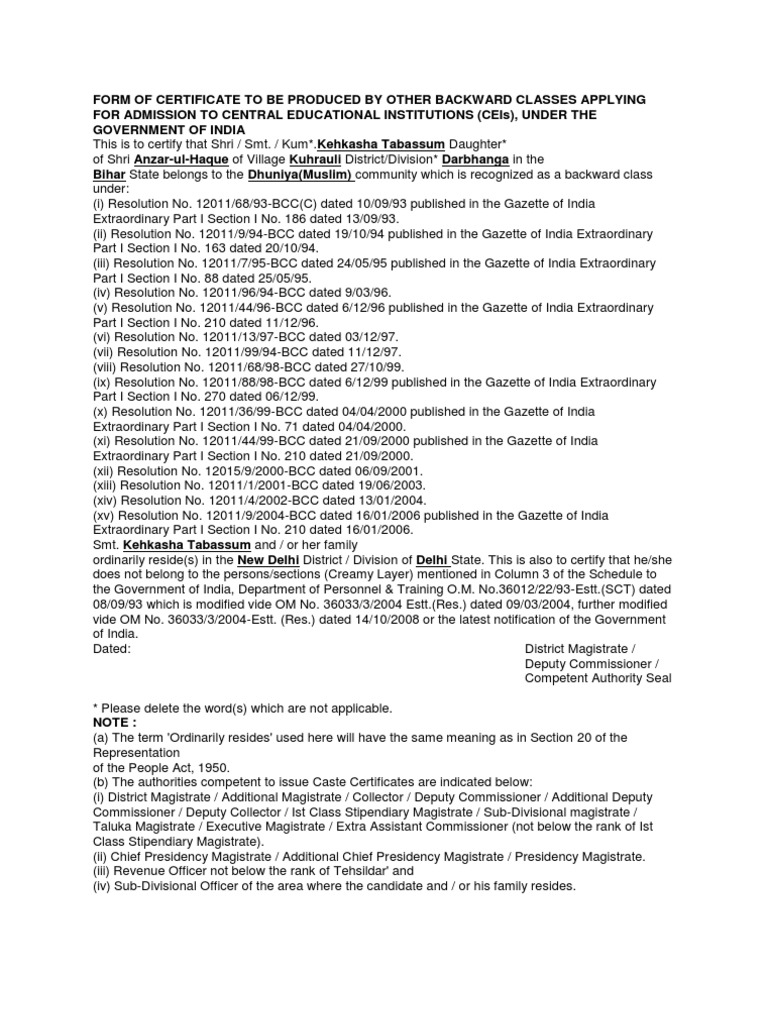 Form of Certificate To Be Produced by Other Backward Classes Applying ...
