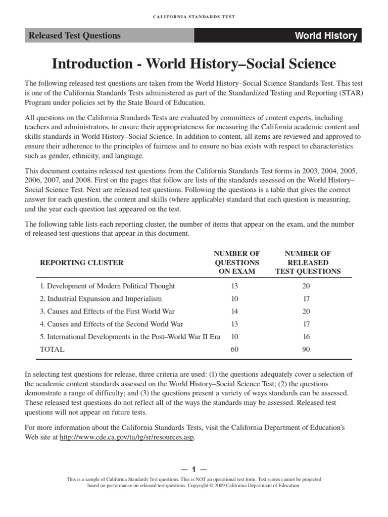 World History California Standards Test With Answer Key 2009 | PDF ...