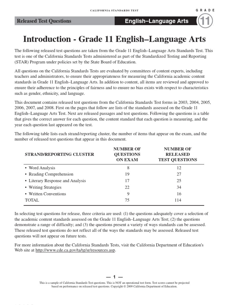 English Grade 11 California Standards Test With Answer Key 2009 | PDF ...