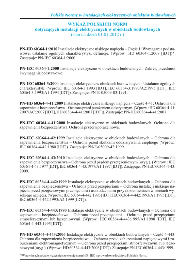 Wykaz Polskich Norm Dot. Instal. Elektr. W Obiekt. Bud. (DO DRUK.) | PDF