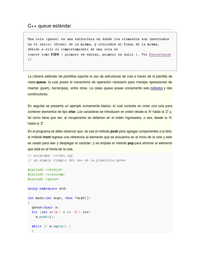 C++ Queue Estándar: Estructuras II | PDF | Cola (tipo de datos ...