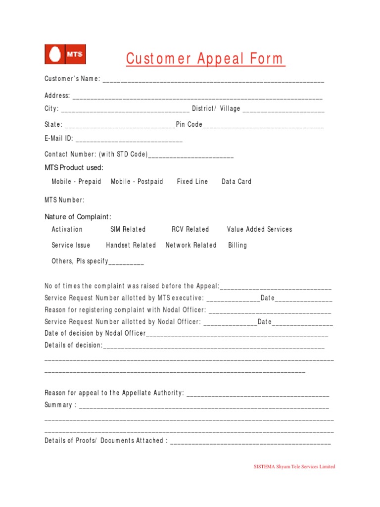 MTS Customer Appeal Form | PDF | Finance & Money Management