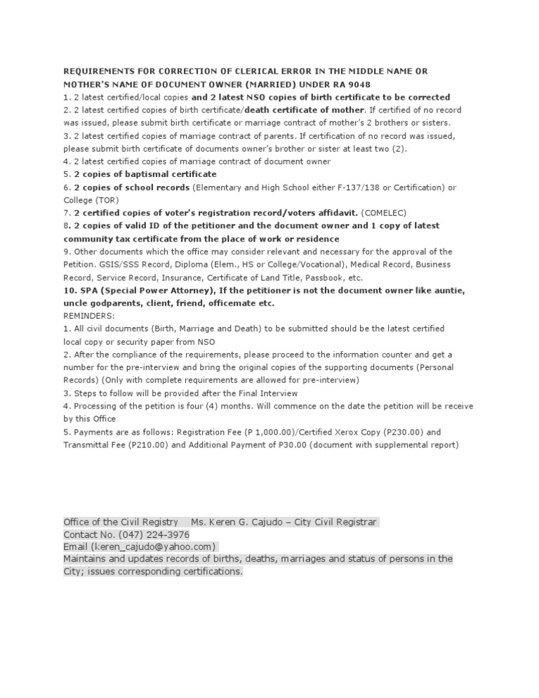 Requirements For Correction of Clerical Error in The Middle Name or ...