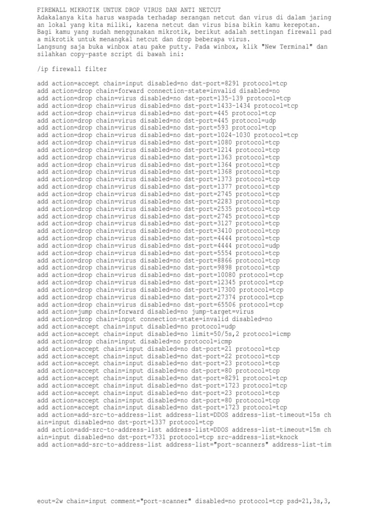 Firewall Mikrotik Untuk Drop Virus Dan Anti Netcut | PDF