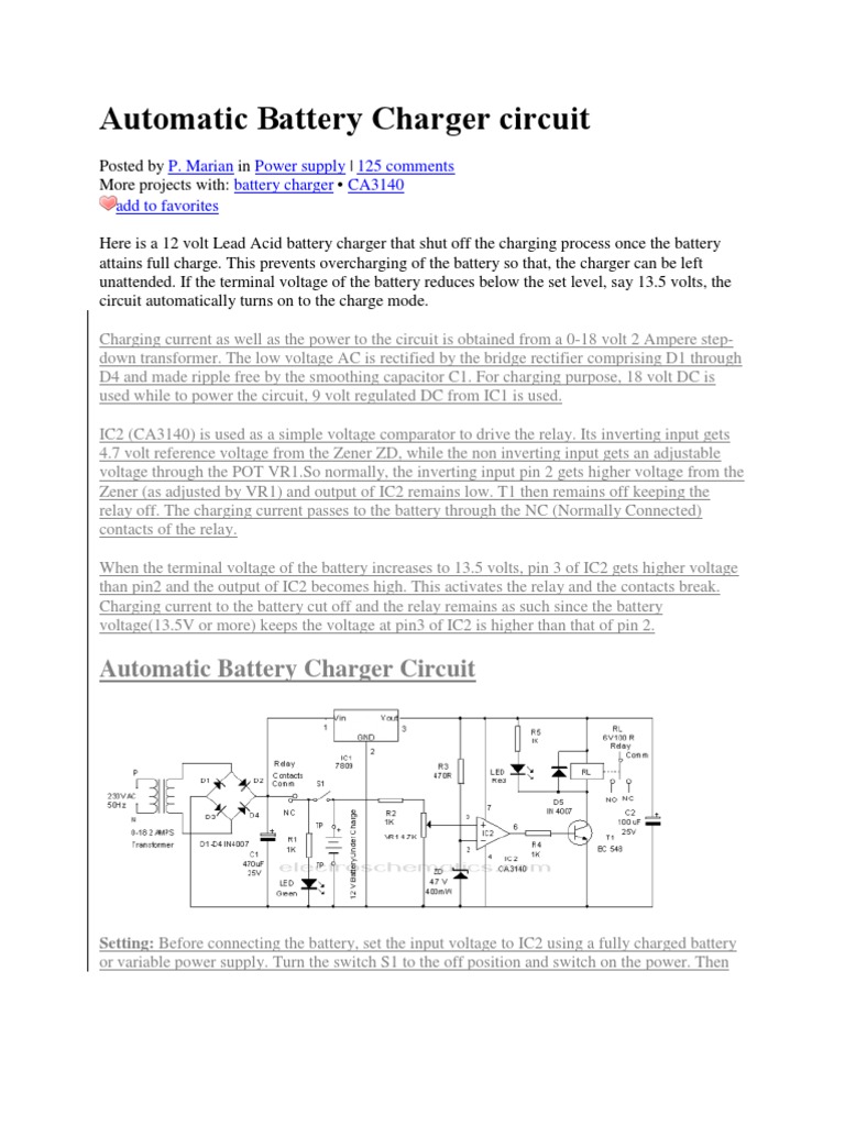Automatic Battery Charger Circuit | Download Free PDF | Battery ...