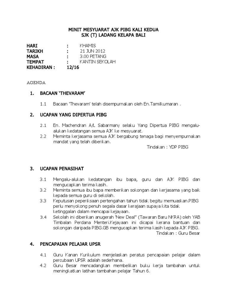 Minit Mesyuarat Ajk Pibg Kali Kedua LKB | PDF