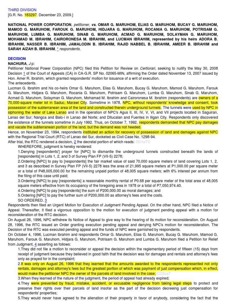 Legal Dispute: NPC vs. Maruhom Family | PDF | Eminent Domain | Easement