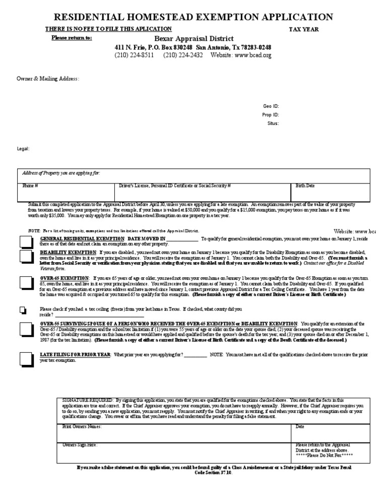BCAD Homestead Exemption Form | PDF | Tax Exemption | Real Estate Appraisal