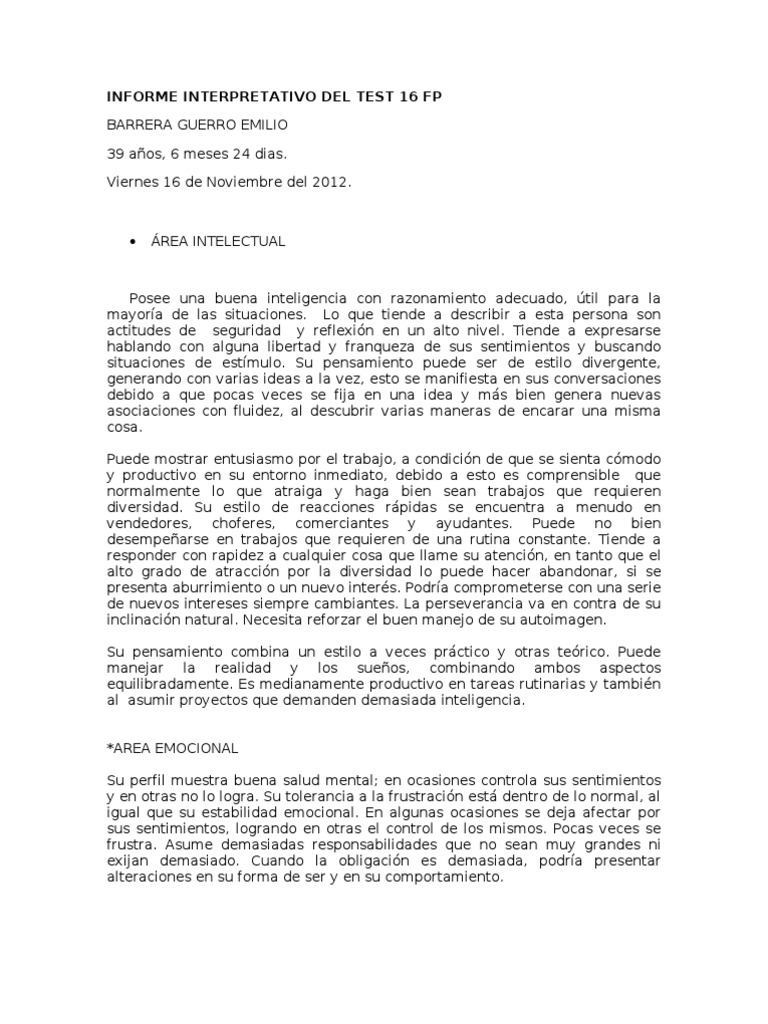 Informe Interpretativo Del Test 16 FP | PDF | Temor | Liderazgo
