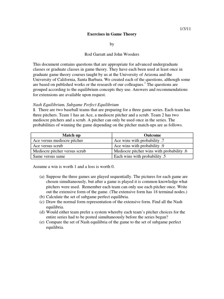 Garratt Wooders Exercises in Game Theory PDF | PDF | Game Theory ...
