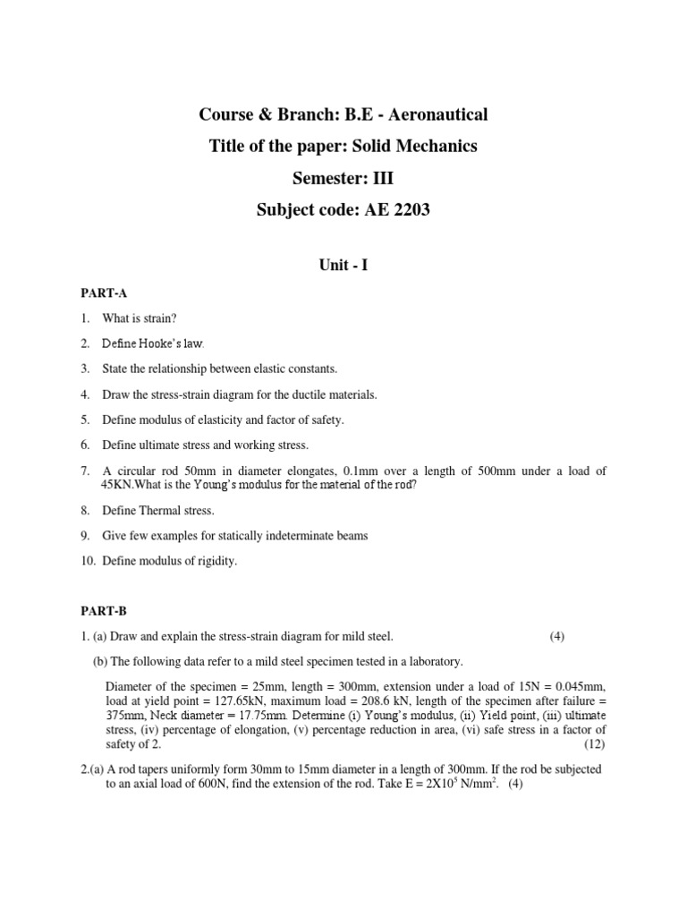 Solid Mechanics Question Bank | PDF | Stress (Mechanics) | Bending