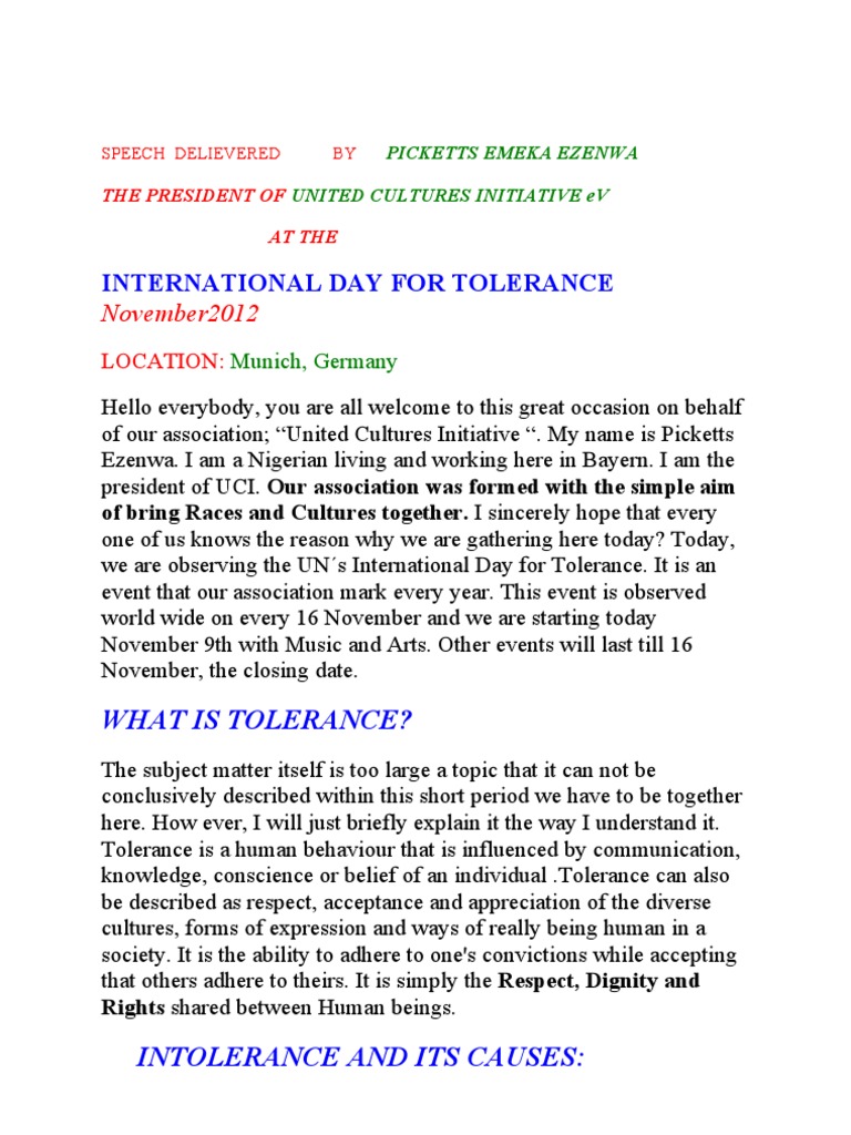 Tolerance Day Speech 2012 | PDF | Toleration | United Nations