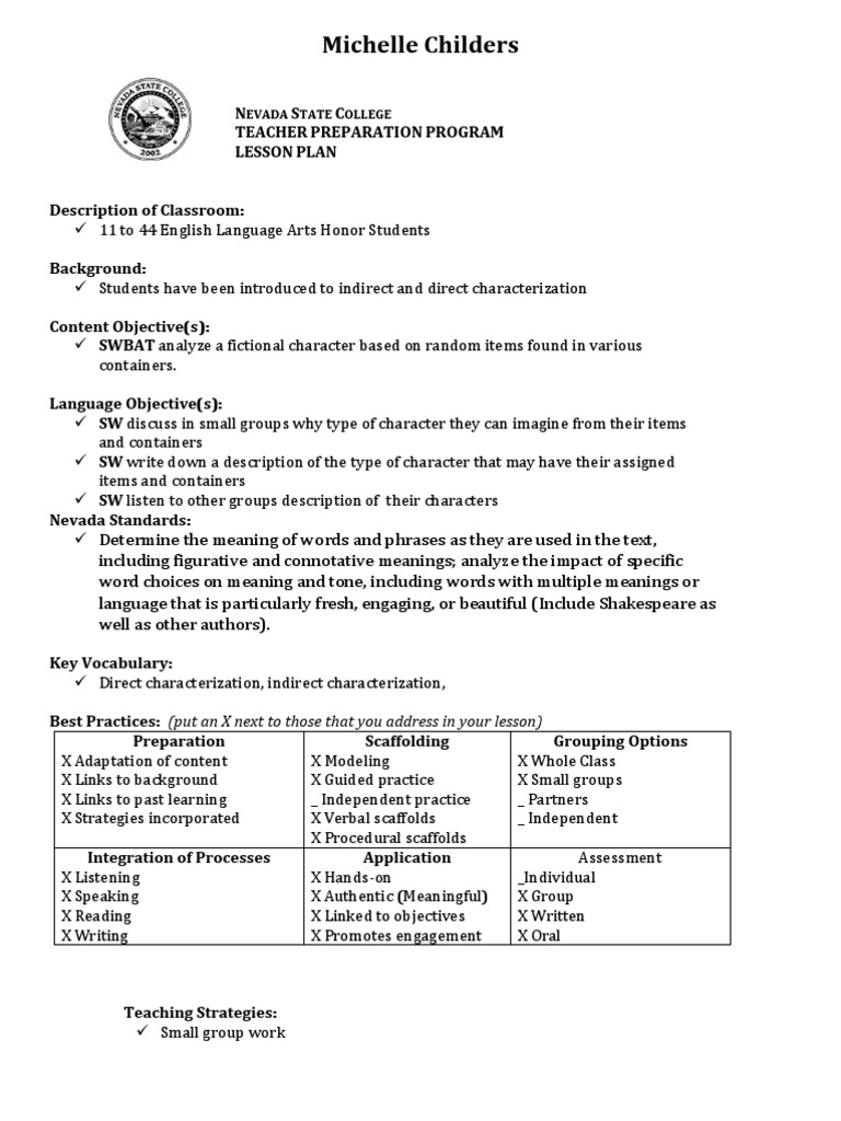 Characterization Lesson Plan | PDF | Lesson Plan | Teaching