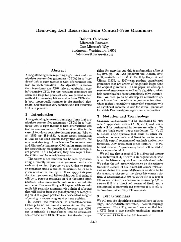 Removing Left Recursion From Context-Free Grammars: Robert C. Moore | PDF | Parsing | Language ...