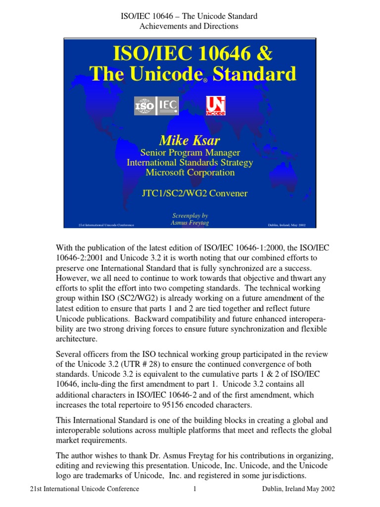 ISO/IEC 10646 & The Unicode Standard: Mike Ksar | PDF | Character Encoding | Naming Conventions