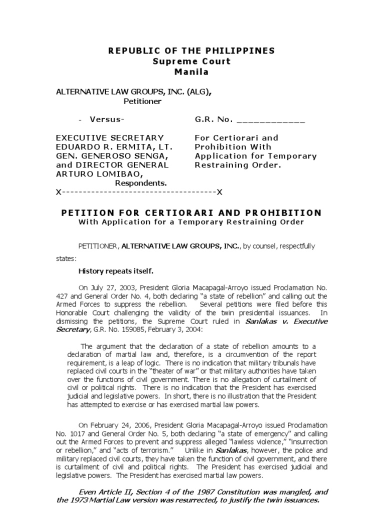 Sample Petition For Certiorari | PDF | Standing (Law) | State Of Emergency