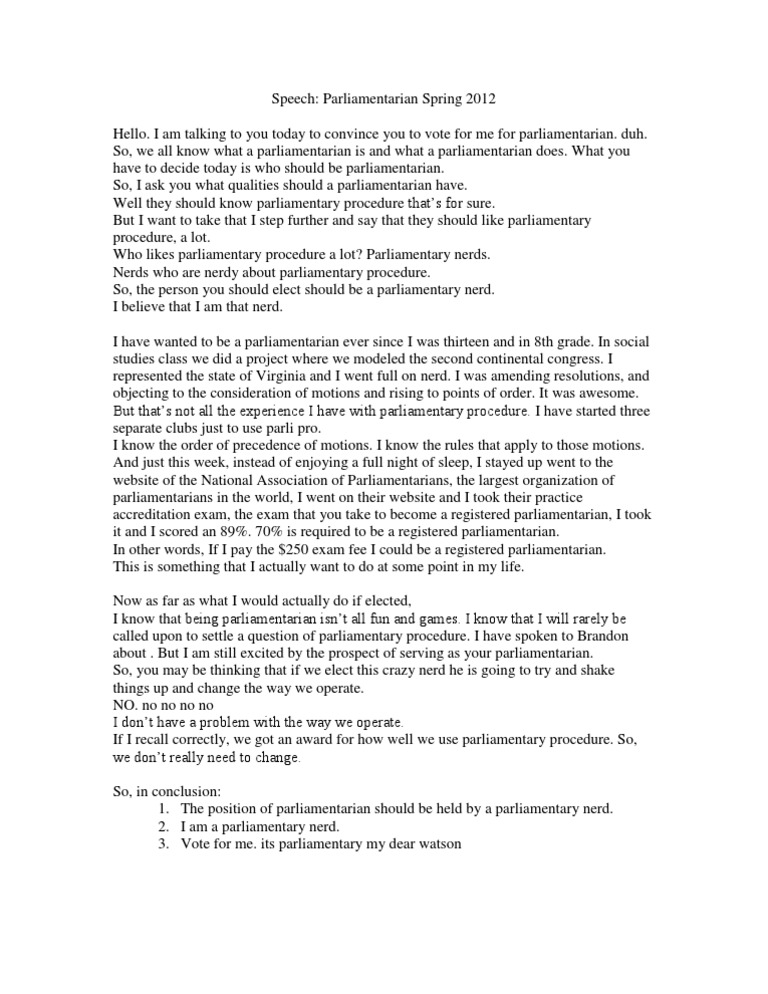 Speech- Parliamentarian Spring 2012 | Parliamentary Procedure | Parliament