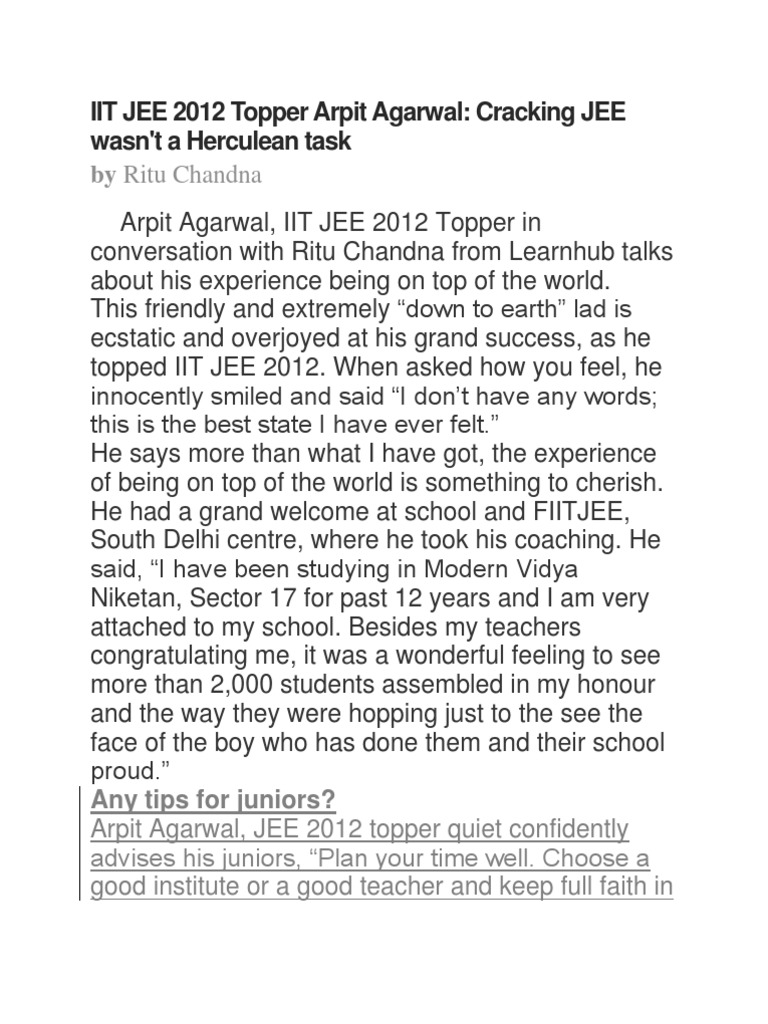 IIT JEE 2012 Topper Arpit Agarwal | PDF