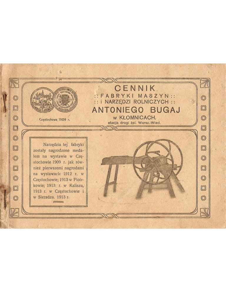 Cennik Fabryki Maszyn I Narzędzi Rolniczych Antoniego Bugaj W ...