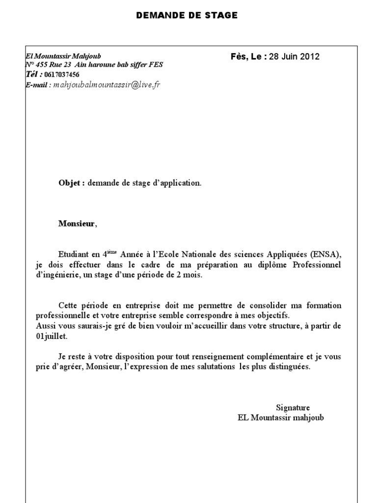 Demande de stage d'application ENSA | PDF