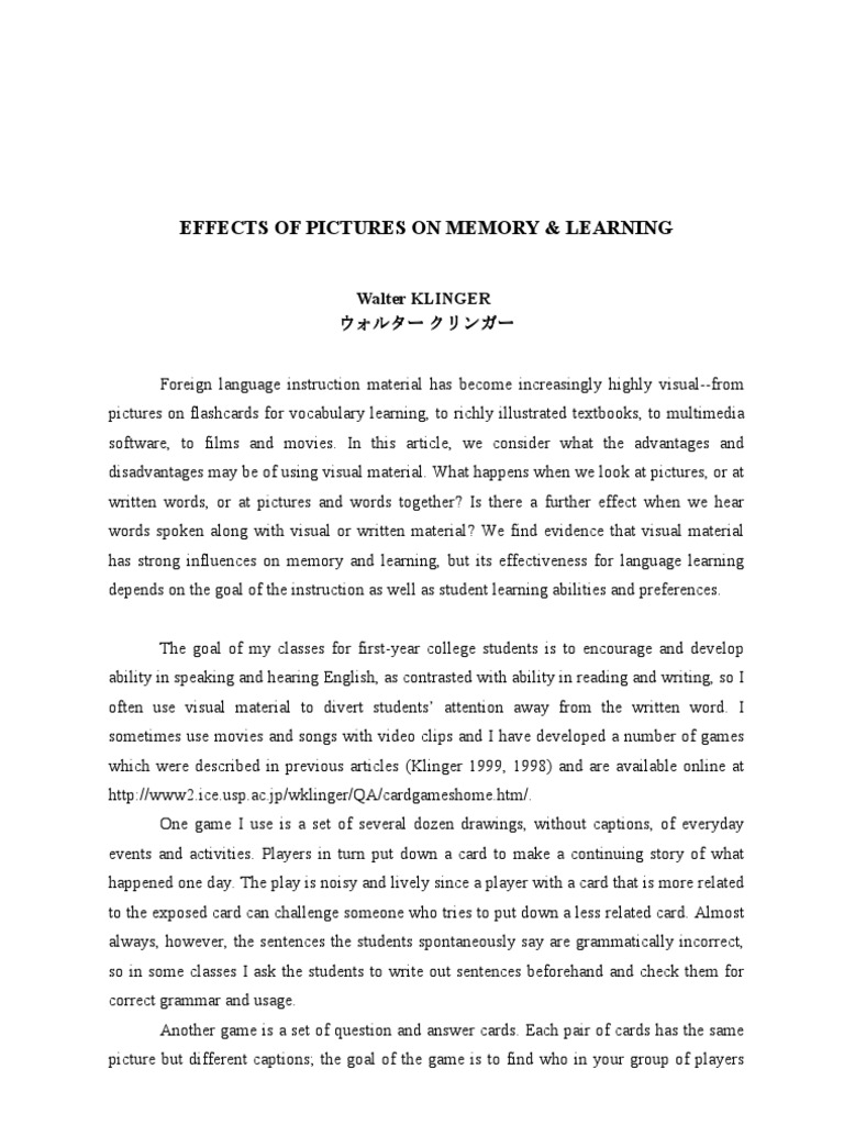 Effects of Pictures On Memory & Learning | PDF | Schema (Psychology ...