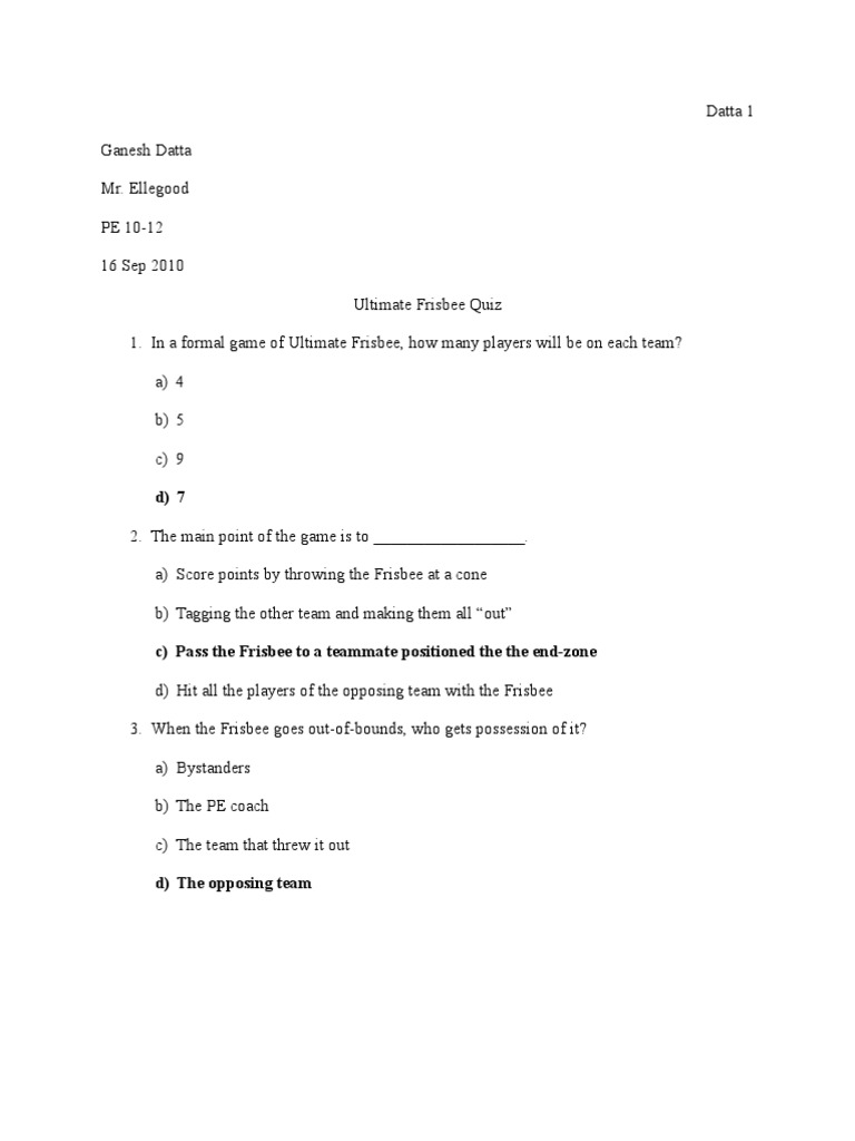 Ultimate Frisbee Rules Quiz | PDF