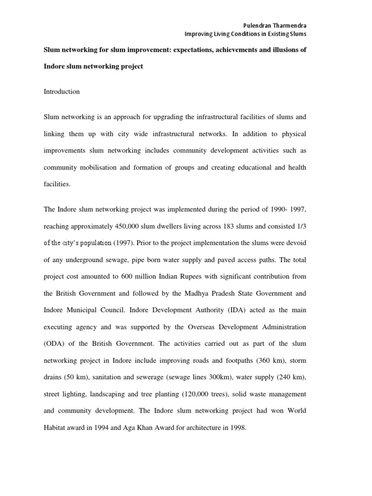 Slum Networking For Slum Upgrading Success and Illusions of Indore ...