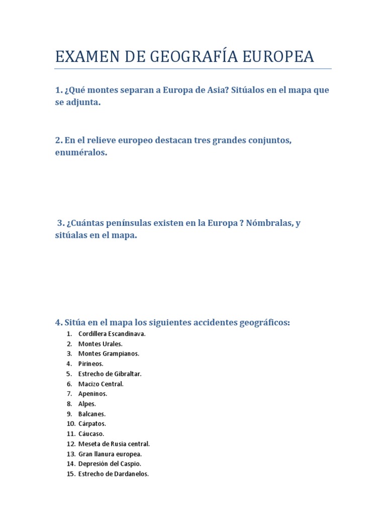 EXAMEN DE GEOGRAFÍA EUROPEA