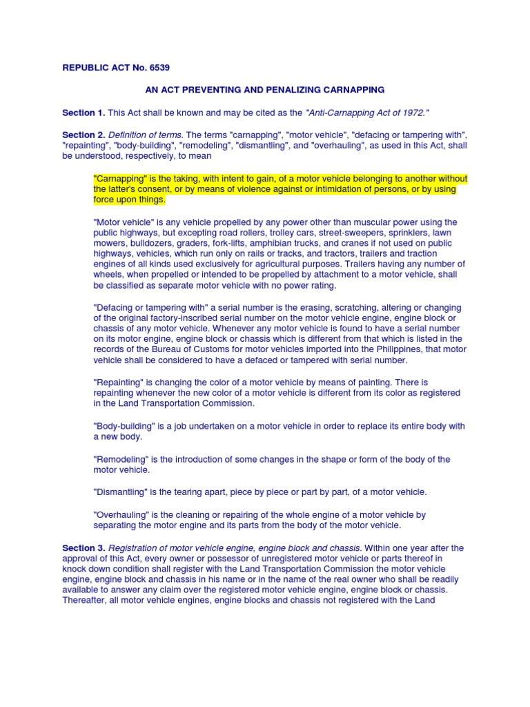 Anti Carnapping Act | Repeal | Vehicles