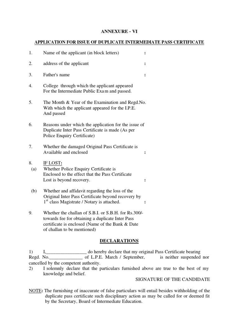 Application For Issue of Duplicate Intermediate Pass Certificate | PDF