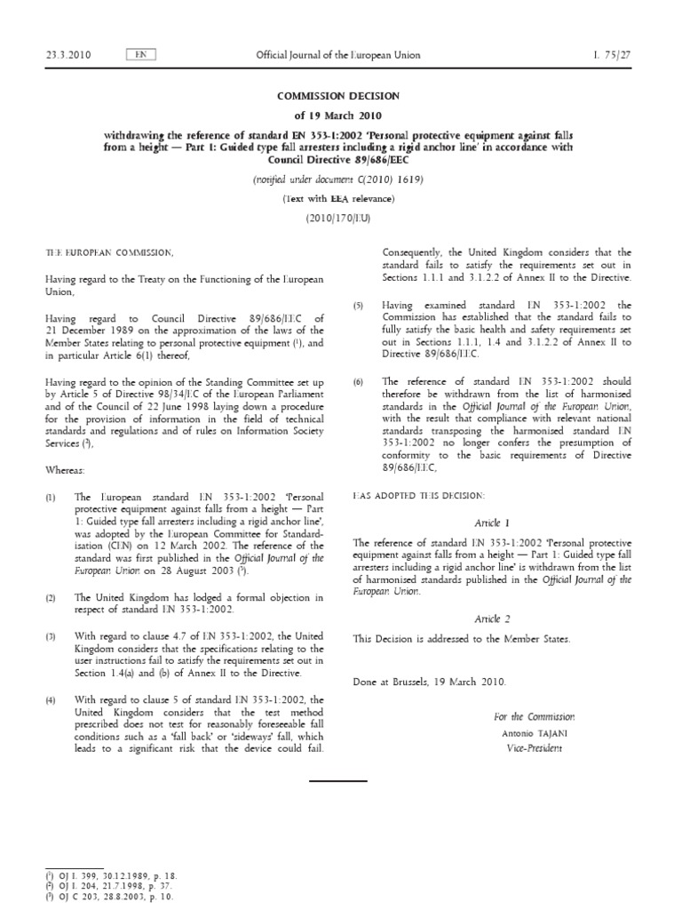 EN353-1 2002 Withhdrawn | PDF | Directive (European Union) | European Union