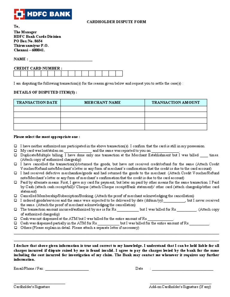 Credit Cardholder Dispute Form | PDF | Credit Card | Financial Transaction