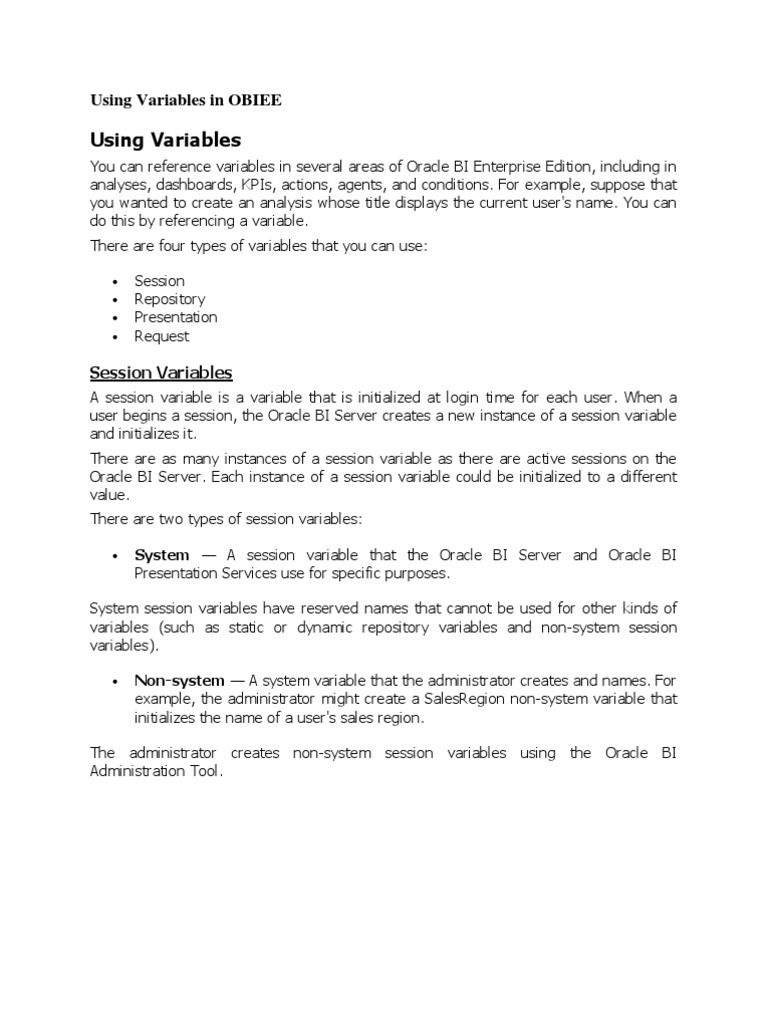 Using Variables in OBIEE | PDF | Variable (Computer Science) | Command ... Using Variables in OBIEE | PDF | Variable (Computer Science) | Command ...