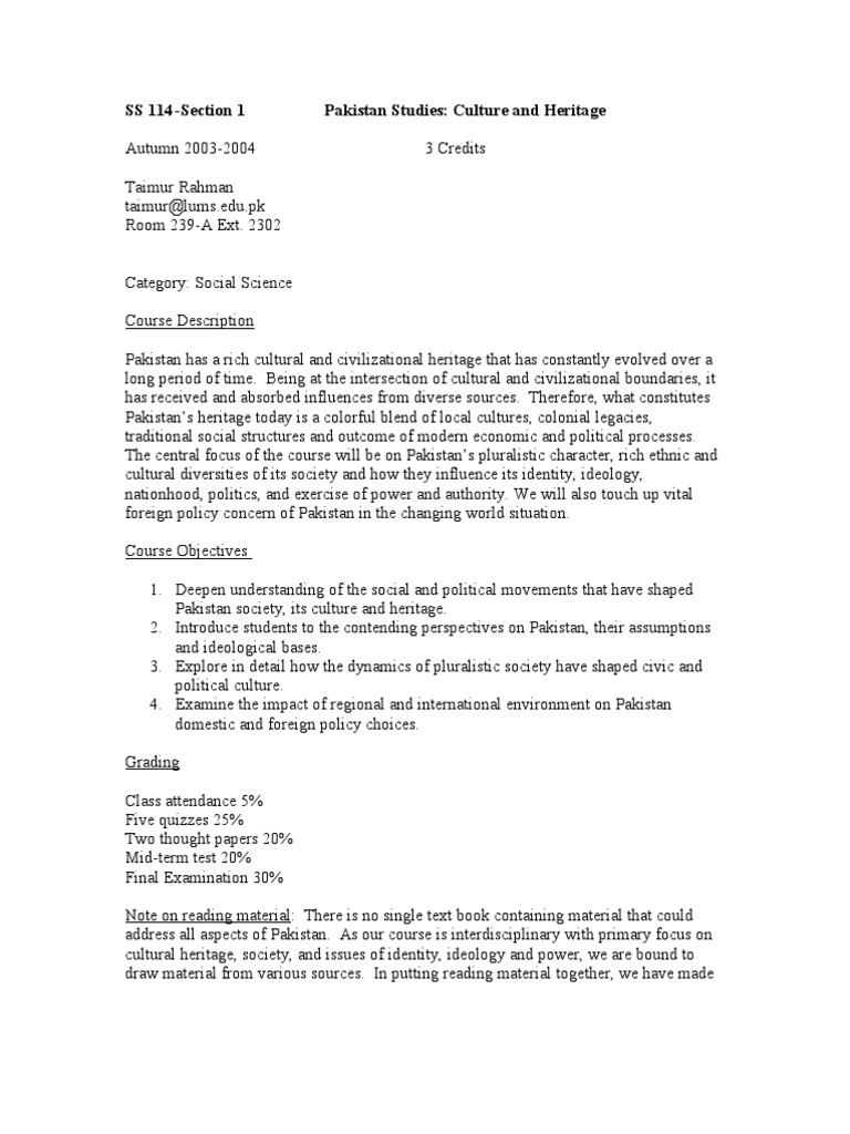 SS 114 Pakistan Studies - Culture and Heritage - LUMS Course Outline by ...