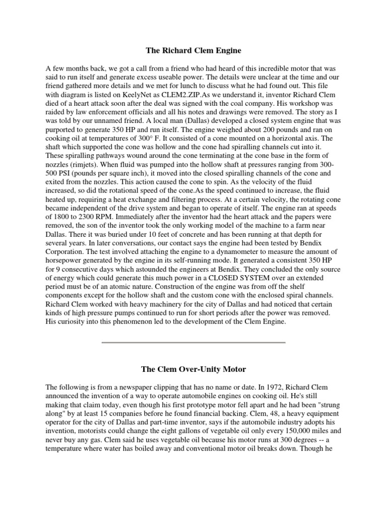 The Richard Clem Engine | PDF | Turbine | Pump