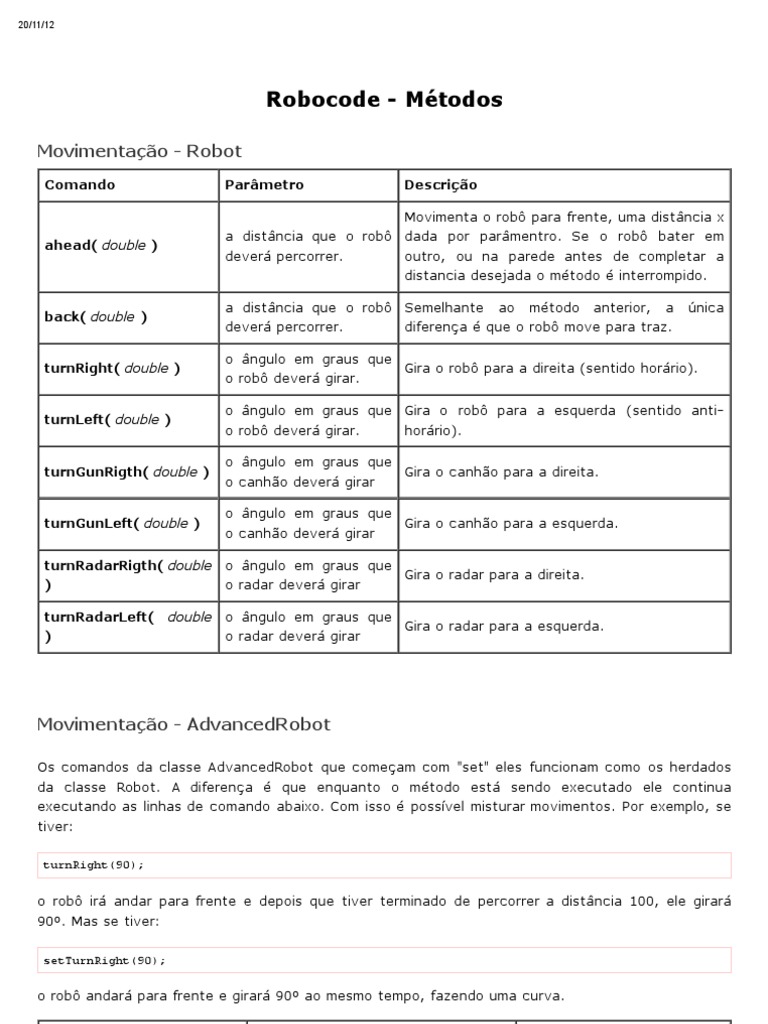 Robocode - Metodos | PDF | Robô | Robótica