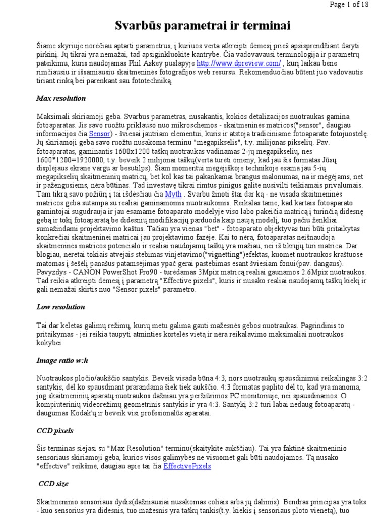 Skaitmeninės Kameros Parametrai Ir Terminai | PDF